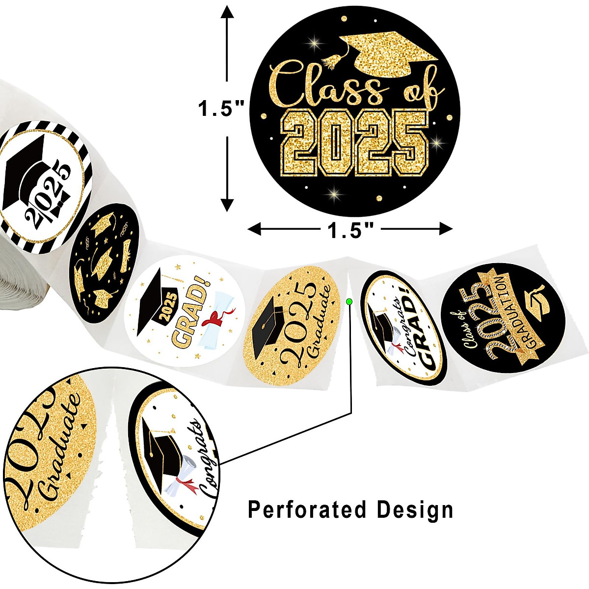 Graduation Stickers Class of 2025 500Pcs Perforated Roll Sticker Congrats Graduation Labels Grad Party Supply 1.5 Inch