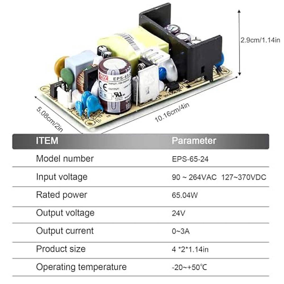 TorqCali EPS-65-24 65W Single Output Switching Power Supply 24V 2.71A, 88% Efficiency, Universal AC Input, Industrial Grade, for Automation, Test & Measurement, and Industrial Applications