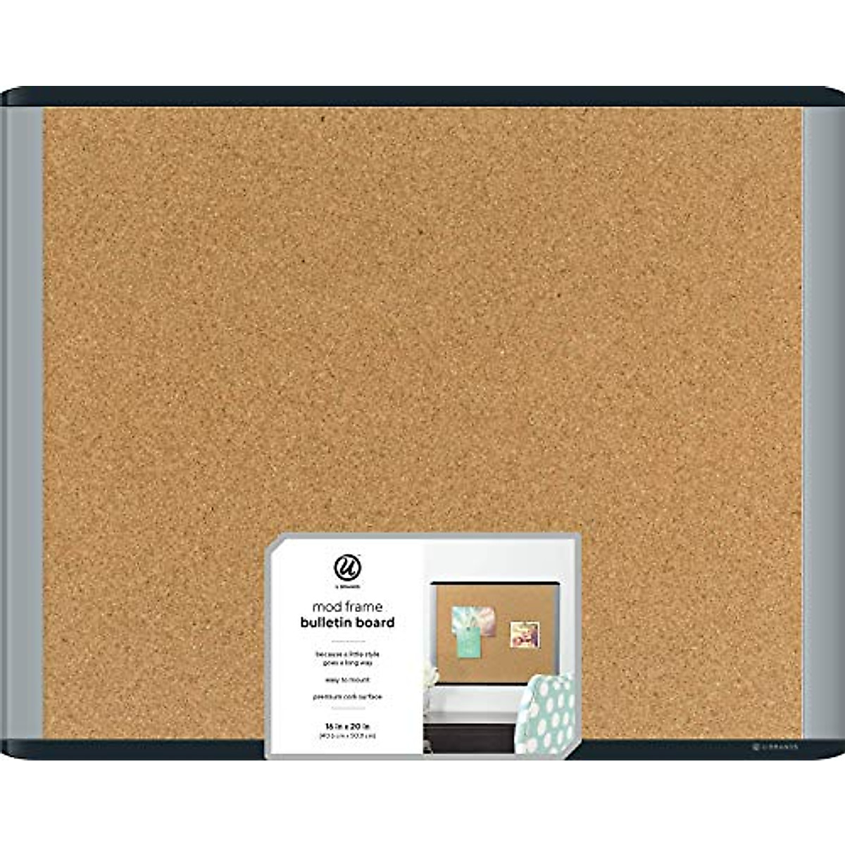 U Brands MOD Cork Bulletin Board, 16 x 20 Inches, Black and Grey Frame (390U00-01)