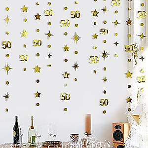 Gold 50th Birthday Decorations Number 50 Circle Dot Twinkle Star Garland Metallic Hanging Streamer Bunting Banner Backdrop for 50 Year Old Birthday Happy 50th Anniversary Fiftieth Party Supplies