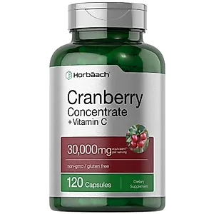 Horbäach Cranberry Concentrate Extract Pills + Vitamin C | 30,000mg | 120 Capsules | Triple Strength Ultimate Potency Formula | Non-GMO and Gluten Free Supplement