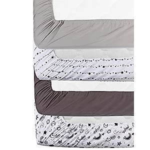 FIGEPO 4 Pack Star and Moon Neutral Unisex Fitted Baby Crib Sheets Set for Baby Boys or Girls (White)