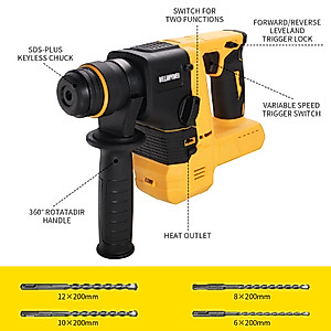 Wellanpower 7/8" Rotary Hammer Drill for Dewalt 20V MAX Battery, Brushless SDS Rotary Hammer 1400 RPM with Safety Clutch, 2.2 Joules Power Drill for Concrete/Masonry (Battery not included)