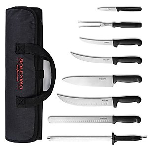 BOLEXINO Professional 9 Piece BBQ Knife Set,Knife Roll,Outdoor Cooking Knife Set,Japanese style Premium stainless Steel Chef Knife Set,Ultimate Grilling Set with Carrying Bag