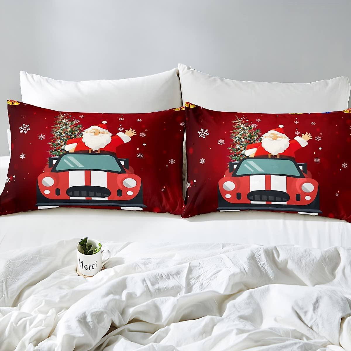Christmas Kids Bedding Set Santa Claus Racing Car Duvet Cover for Boys Children Bedroom Decor Christmas Tree Comforter Cover Set Snowflake Xmas Theme Bedspread Cover Twin Size With 1 Pillow Case