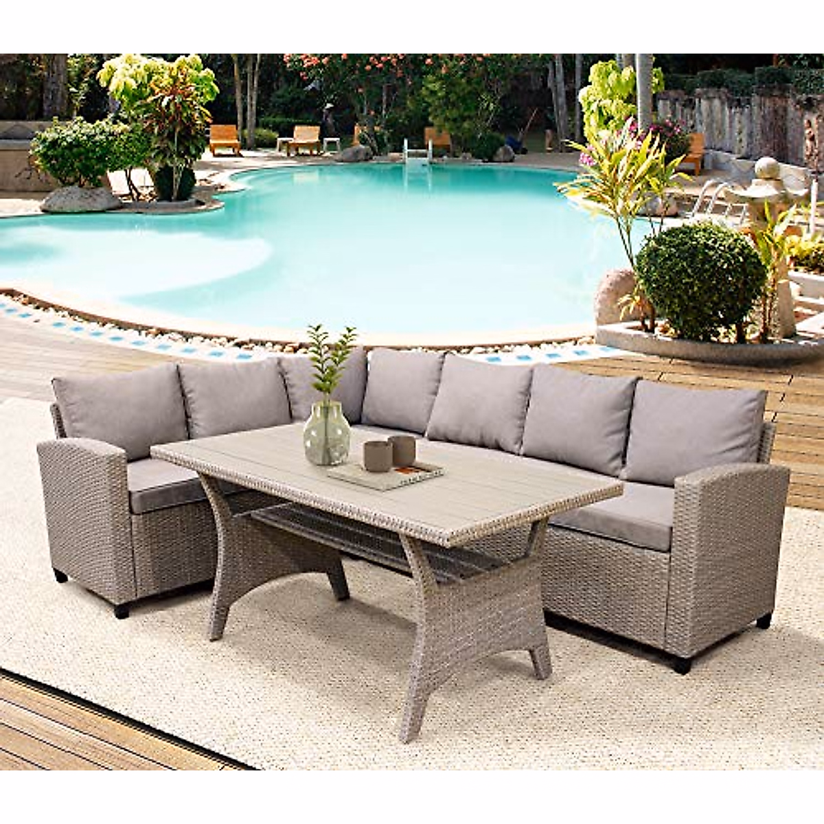 LZ LEISURE ZONE Patio Furniture Sets, 3 Piece Outdoor Patio Dining Table Set, PE Rattan Wicker Conversation Set, All-Weather Sectional Sofa Set with Table & Soft Cushions, Brown+Light Brown