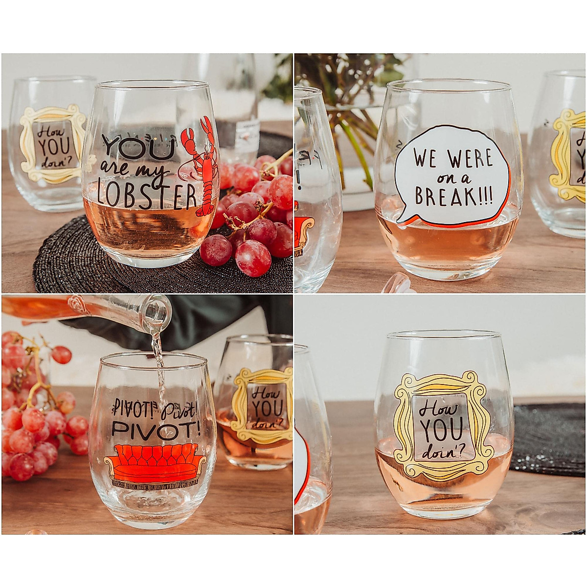 Friends TV Show Iconic Quotes Stemless Wine Glasses, Set of 4