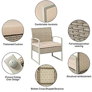 Aoxun 3 Pieces Patio Set Wicker Bistro Table Set, Outdoor Patio Furniture Conversation, Two Rattan Chairs with Glass Coffee Table for Terraces Poolsides and Cafes,Gray Beige