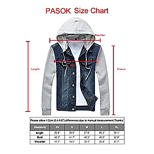 PASOK Men's Denim Hoodie Jacket Casual Slim Fit Button Down Jeans Coat Blue L