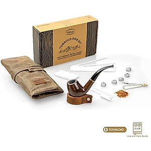 Whitluck's Tobacco Pipe with Waxed Canvas Pipe Roll, Handmade Wood Smoking Pipe with Ultimate Beginner Guide E-Book, Travel Tobacco Pouch - Smoking Gift Set and Accessories