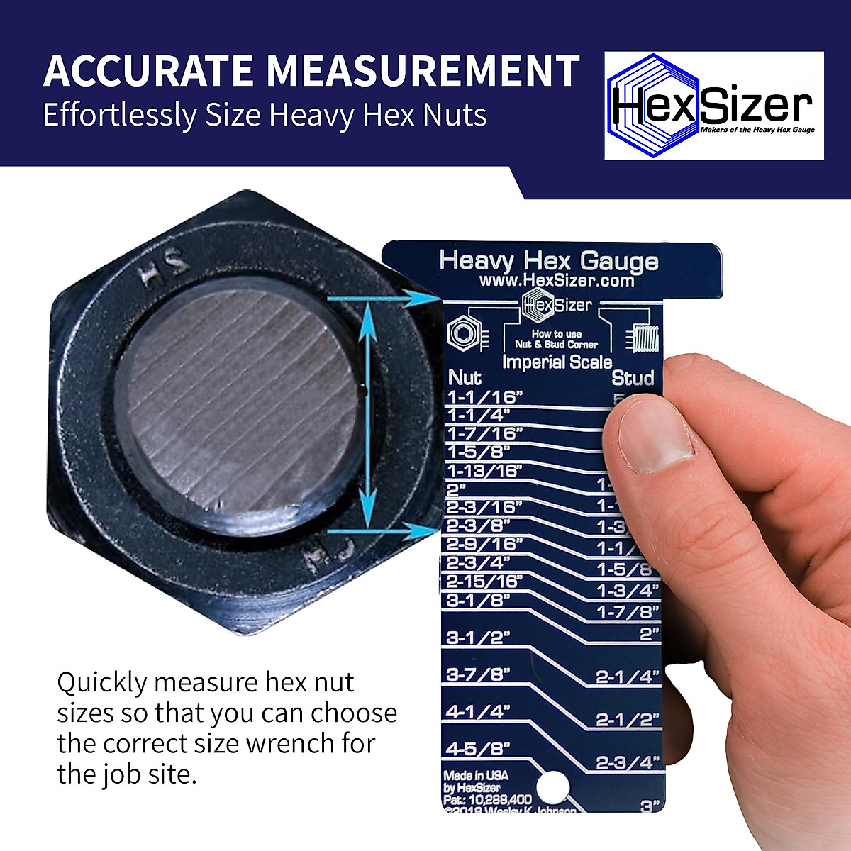 HexSizer Heavy Hex Gauge – Pocket Tool for Measuring Nut & Bolt Sizes | Inch & Metric | High Temp Laser Engraved | Nut & Bolt Sizer from 1-1/16" to 4-5/8" or 32mm to 120mm