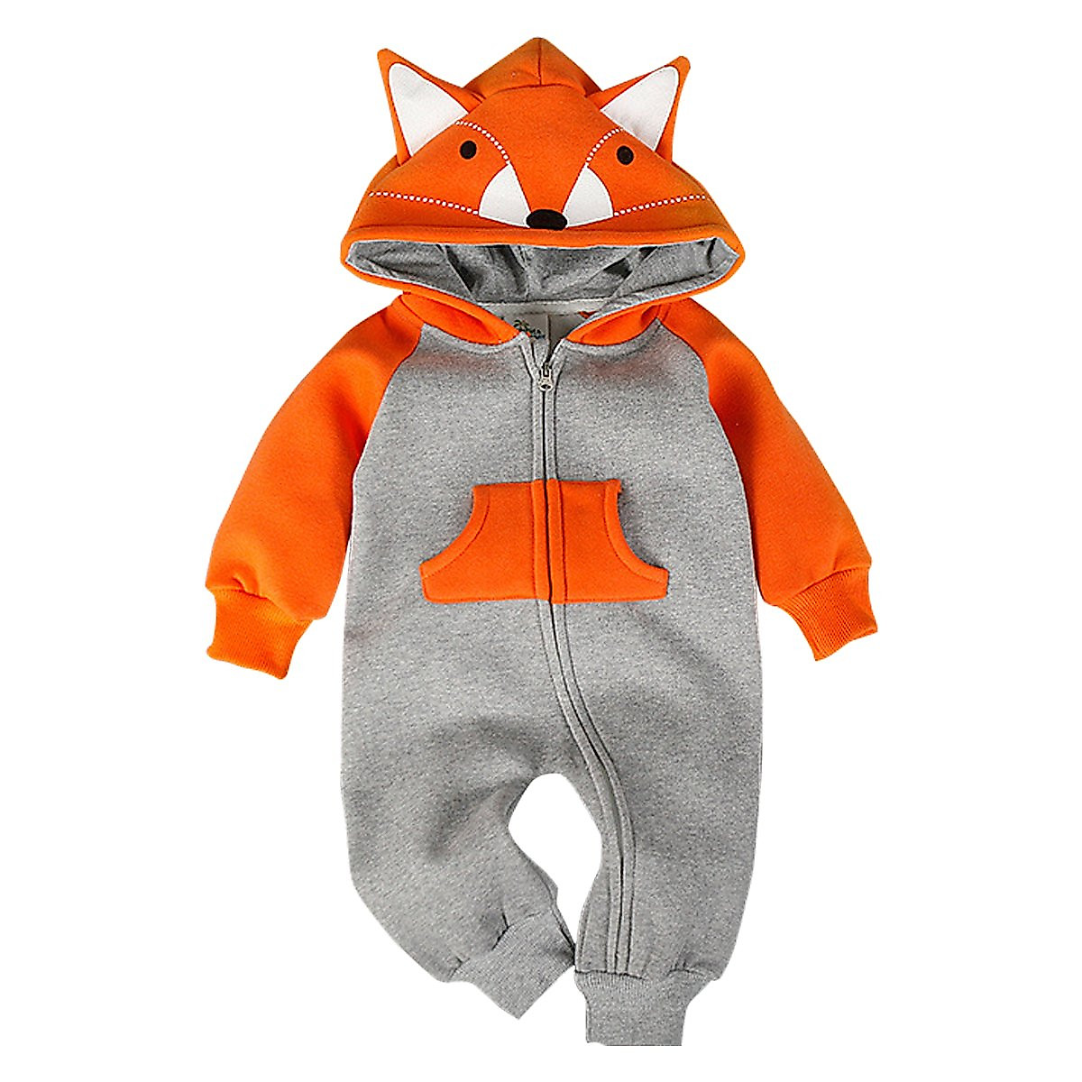 Bebone Hooded Fleece Romper for Baby Girls Boys Cartoon Animal Fox Jumpsuit (0-3M, Orange)