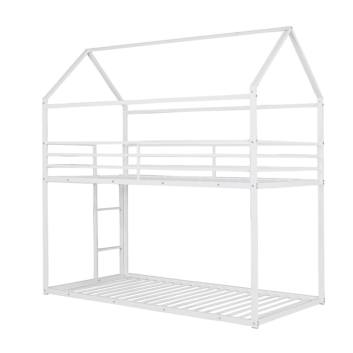 LostCat Twin Over Twin Metal Bunk Bed, House Low Bunk Bed Frame w/Safety Guardrail & Ladder, No Box Spring Needed, SEasy to Install, for Kids, Teens, Girls, Boys, White