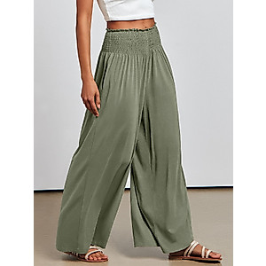 ANRABESS Women Palazzo Pants Summer Boho Bagyy Wide Leg High Smocked Waist Casual Loose Lounge Pant with Pocket Olive X-Large