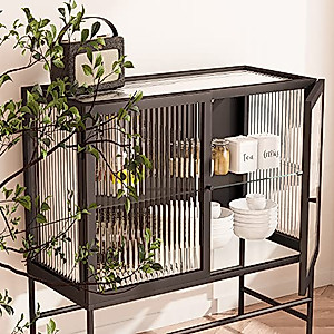 Modern Fluted Glass Buffet Cabinet, Sideboard Cabinet, Credenza with Storage Console Tables with Dual Door, Wine Bar Cabinet for Liquor for Dining Room, Living Room, Hallway (Black)