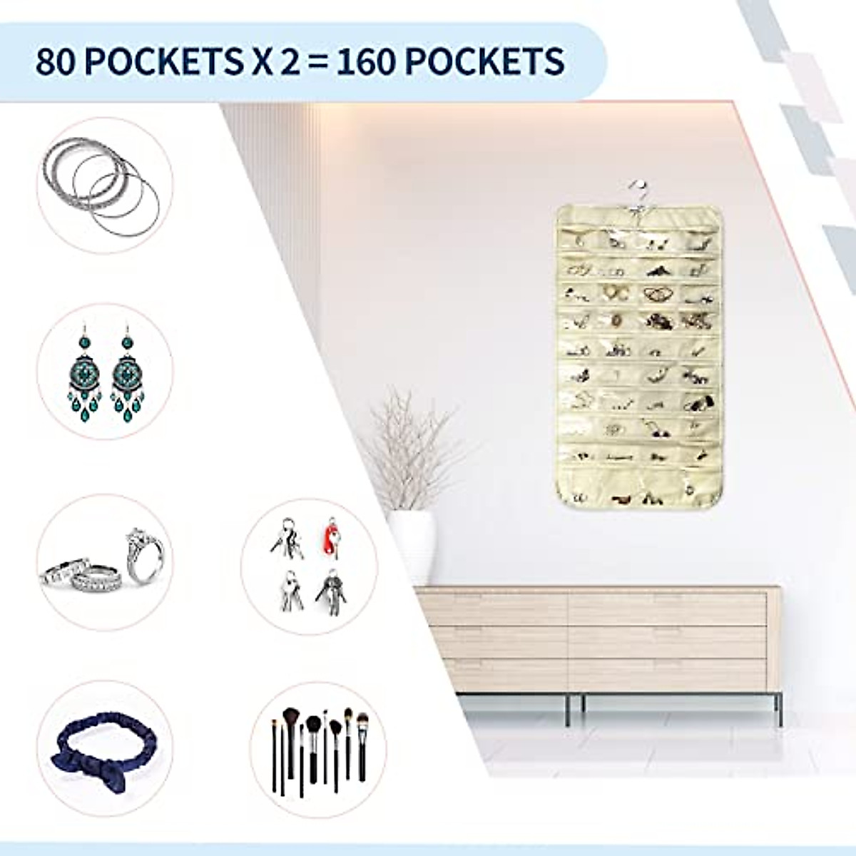 WIFTREY 2 Pack Hanging Jewelry Organizer with 80 Pockets,Double Sided Closet Earring Storage for Necklace Bracelet with Hanger,Beige