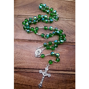 Nazareth Store Green Crystallized Glass Beads Rosary Necklace Holy Mary Medal & Cross Crucifix Handmade Christian Holy Rosary for Men and Women
