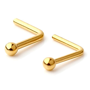 Ruifan 20G Surgical Steel 2mm Top Ball L-Shaped Nose Bone Studs Ring Pins Piercing Jewelry 2PCS - Gold