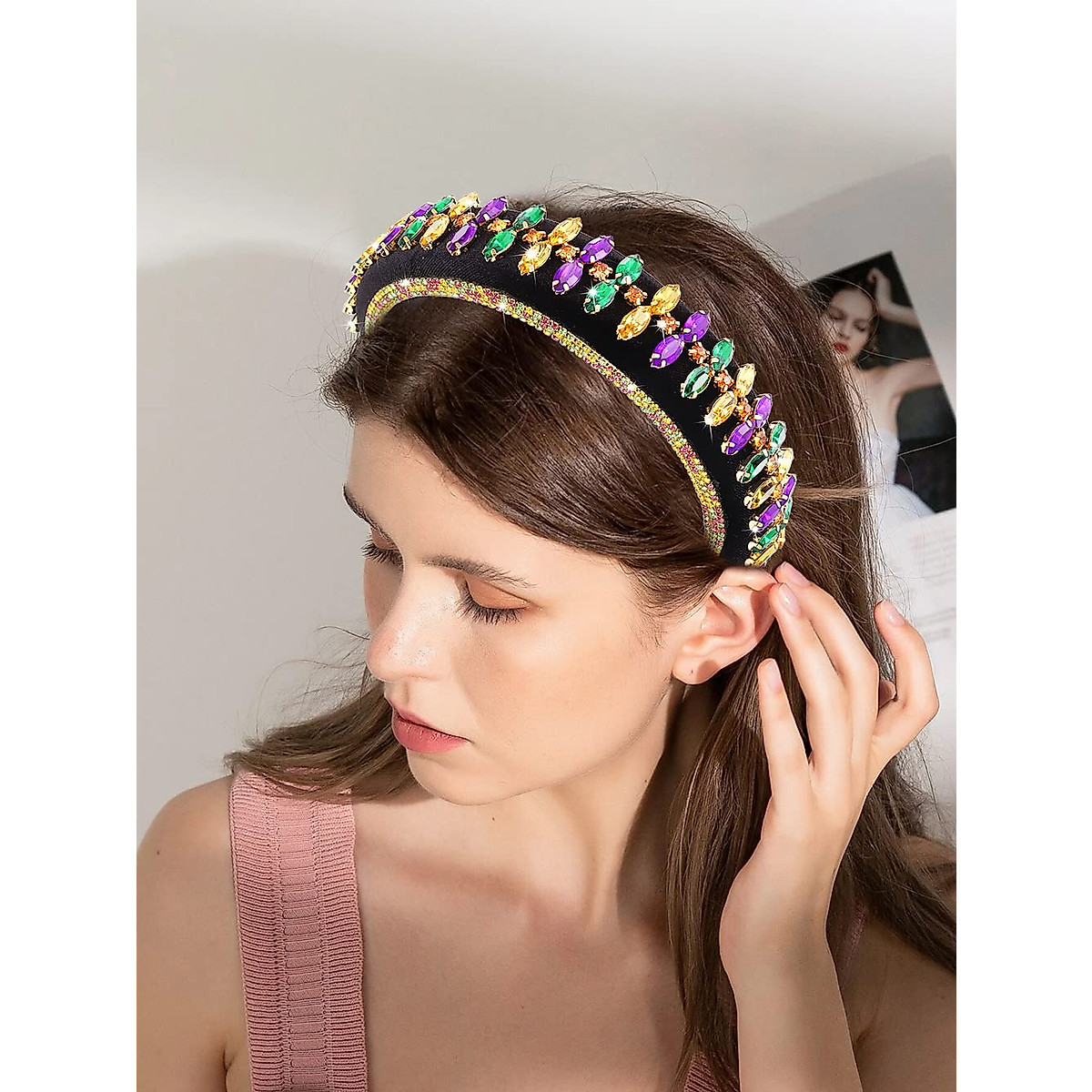 Crystal Mardi Gras Headband for Women Girls Sparkly Rhinestone Embellished Purple Green Yellow Hairbands Elastic Wide Carnival Hair Hoop Parade Headwear (Crystal)