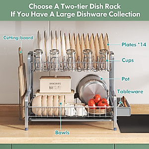 BOOSINY 2 Tier Dish Drying Rack and Drainboard Set, Large Stainless Steel Dish Drainers for Kitchen Counter, Dish Strainer Shelf with Cup-Holder （Grey）