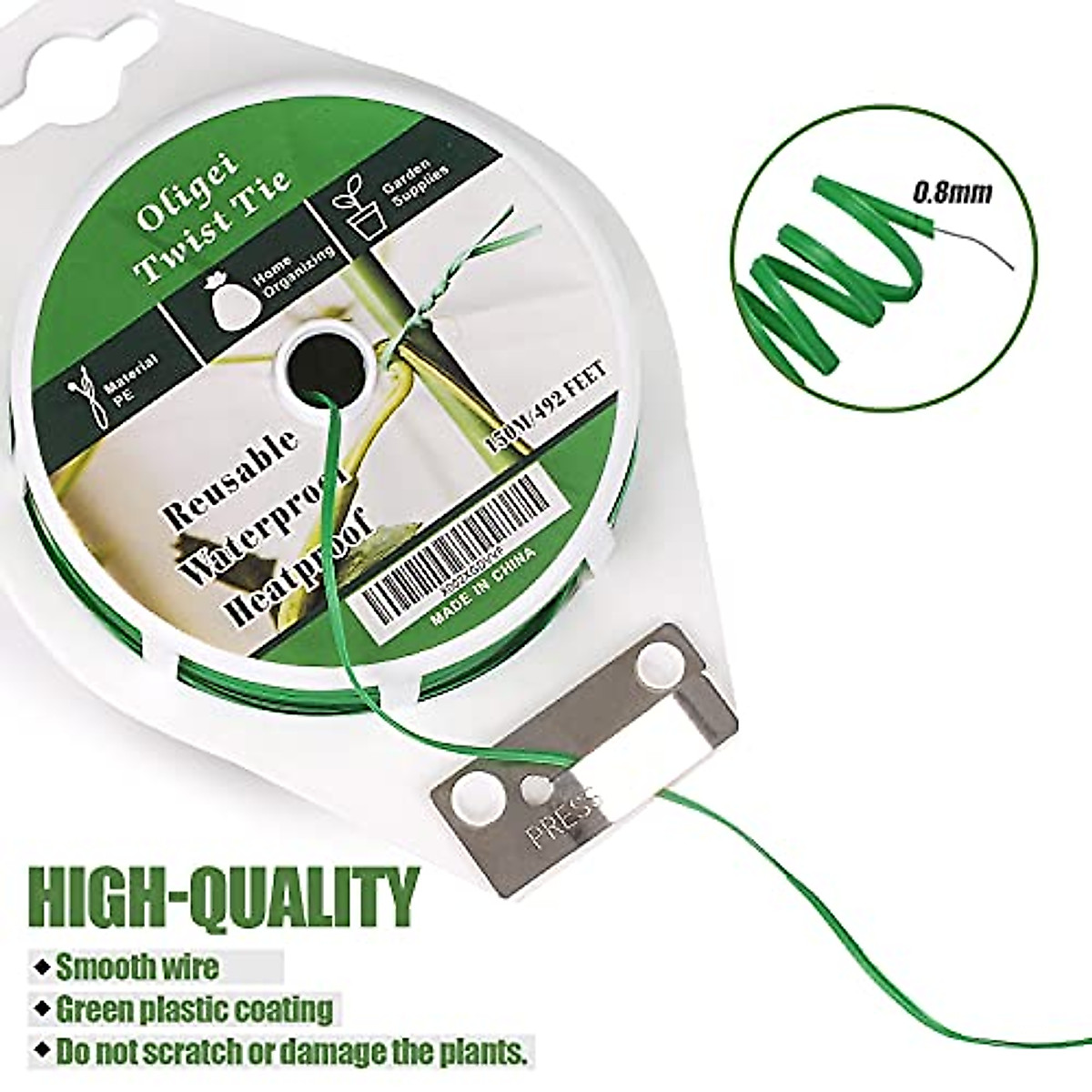 Plant Ties, 492FT/150m Green Garden Wire, Sturdy Plant Ties for Support, Garden Ties with Cutter for Tomatoes Vines, Plant Wire Tie Wire for Indoor, Outdoor, Home and Office Use