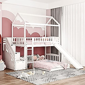 MERITLINE House Bunk Beds with Slide Twin Over Twin Bunk Bed with Stairs for Kids, Wood Twin Bunk Beds with Roof and Two Drawers for Boys or Girls, No Box Spring Needed, White