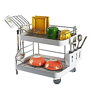TULGIGS Sink Dish Drying Rack Two Tier Shelf Liner Dish Holder with High Grossy Dish Drainer Cup Holder Spoon Storage Knife Case