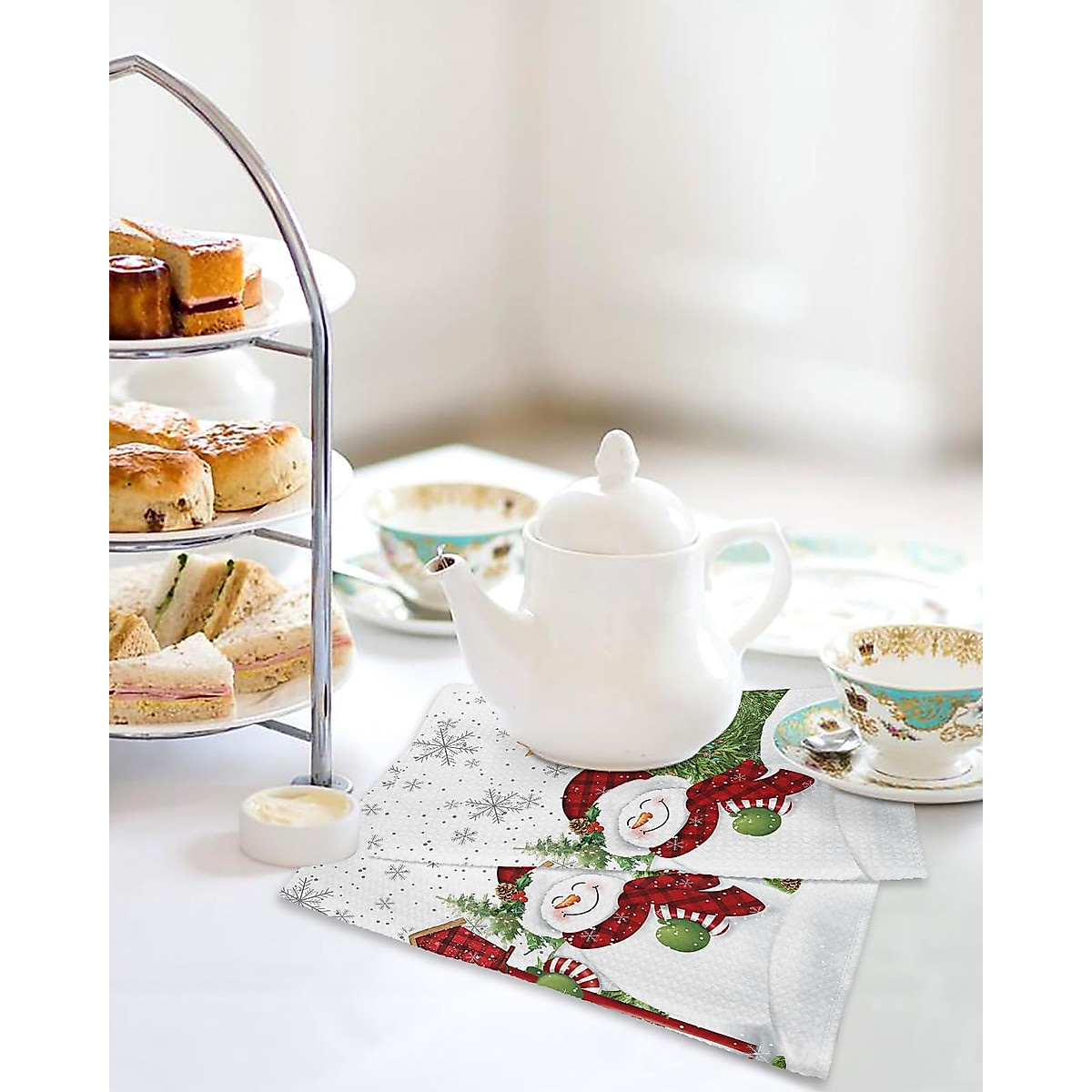 Hokiten Christmas Snowman Waffle Kitchen Towels Dishcloths, Green Xmas Tree Winter Snowflake Absorbent Dish Towels | Hand Towels for Bathroom/Bar, 12 x 12 Inch, 2 Pcs