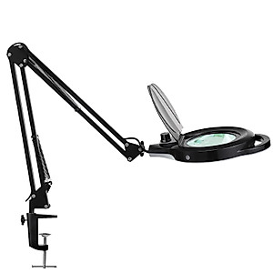 10X Magnifying Lamp with Clamp, KIRKAS 2200 LM Super Bright and Stepless Dimming Magnifying Glass with Light, Real Glass Lens Lighted Magnifier Light for Close Work, Crafts, Reading, Repair - Black