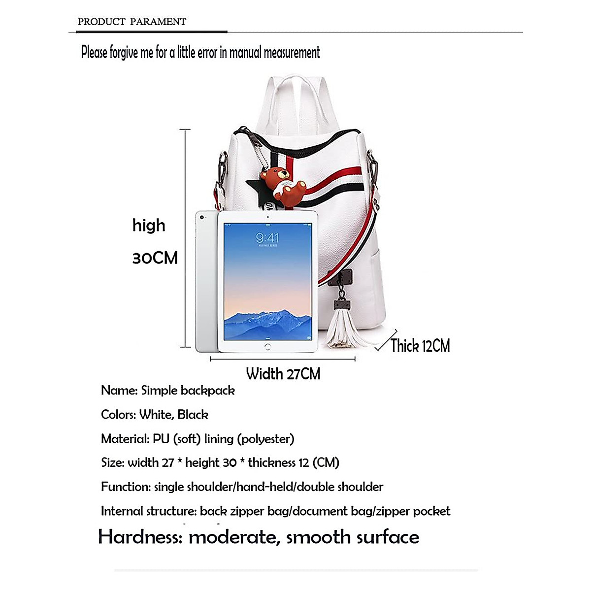 Taremoci women's backpack handbag large capacity leather bag cute women's mini backpack, black, white (White)