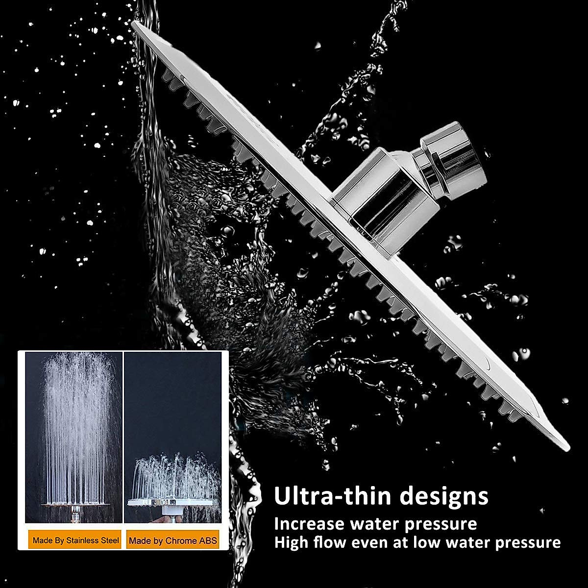 Rain Shower Head with 11'' Adjustable Arm, NearMoon High Pressure Stainless Steel Rainfall Showerhead, Ultra-Thin Design - Pressure Boosting (8-Inch Shower Head with Arm, Chrome)