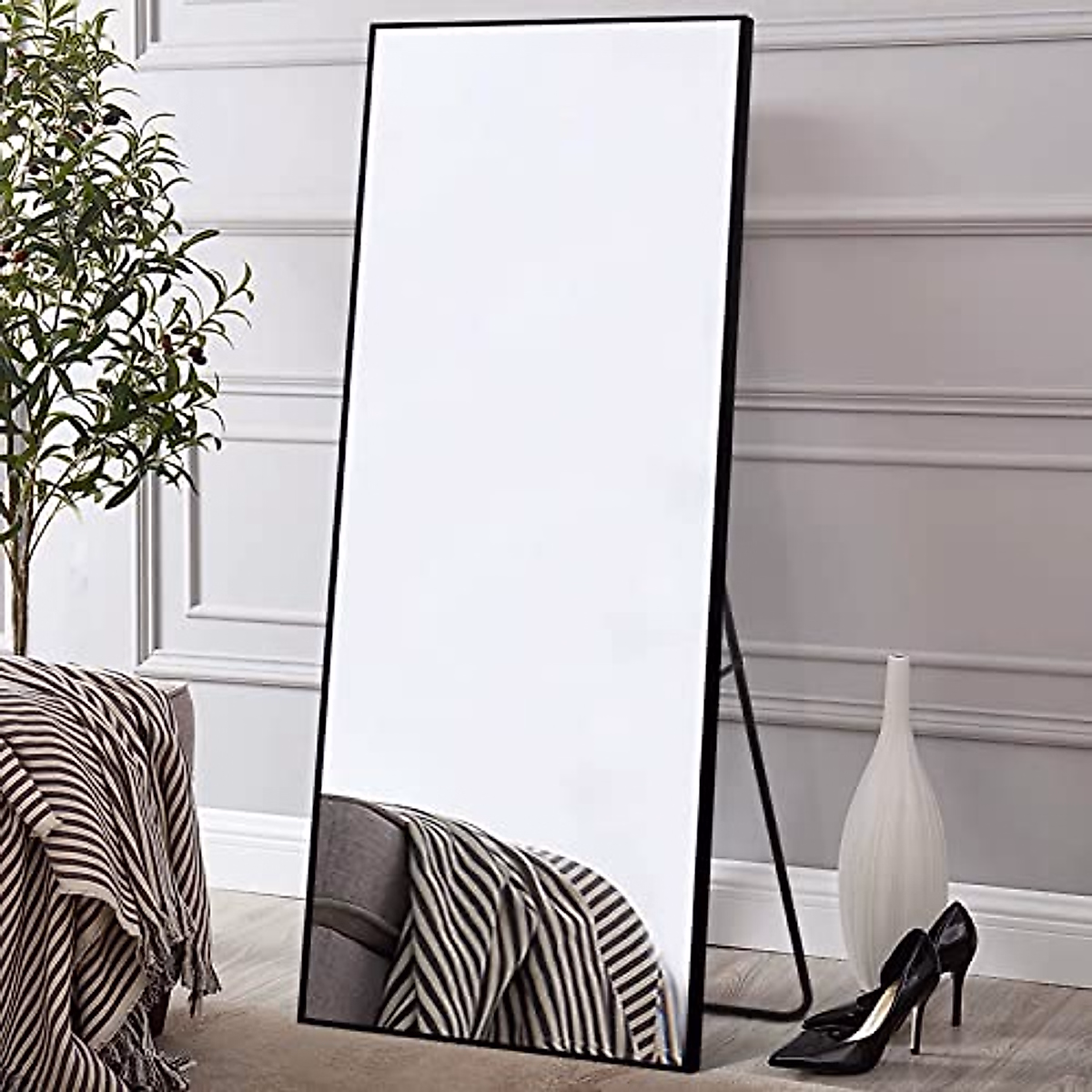 MIRUO Full Length Mirror, 64" x 21" Aluminum Alloy Frame Floor Mirror with Stand, Large Bedroom Mirror, Free Standing or Wall Mounted or Leaning Against Wall, Black