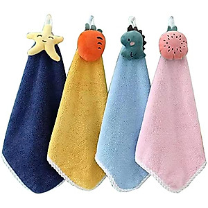FZBNSRKO Hand Towel for Kids,4 Pack Hanging Towel Cartoon Pure Cotton Coral Fleece Cloth Double-Sided Water Absorption Hanging Kitchen Towel(Random Color)