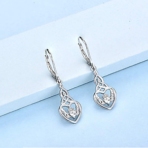 JO WISDOM Women Earrings,925 Sterling Silver Irish Celtic Claddagh Love Heart Drop & Dangle Leverback Earrings with 5A Cubic Zirconia April Birthstone