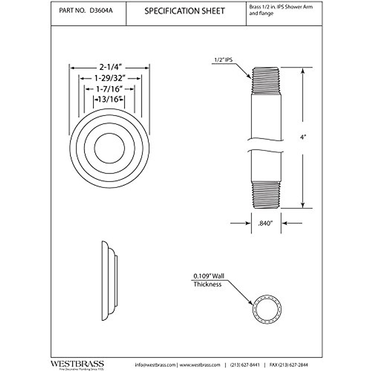 Westbrass 1/2" IPS x 4" Ceiling Mounted Shower Arm with Flange, Matte Black, D3604A-62