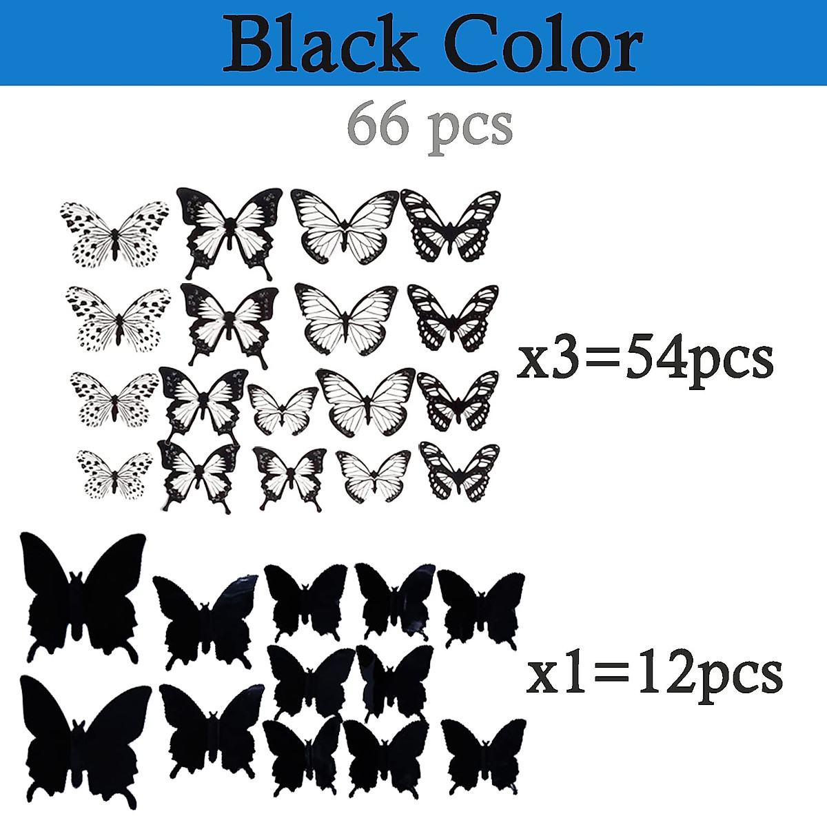 Ewong 3D Butterfly Wall Decor - 66Pcs Black Butterfly Decoration Party Cake Decorations - Removable Waterproof Butterfly Wall Decal Birthday Home Room Decor Bathroom Bedroom Sticker & Murals