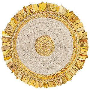 SAFAVIEH Cape Cod Collection 3' Round Gold / Natural CAP212D Handmade Boho Fringe Jute & Cotton Area Rug