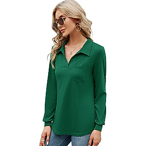 Women's Long Sleeve Polo Shirts V Neck Collared Work Tops Business Casual Tunic Blouse Pocket Green M