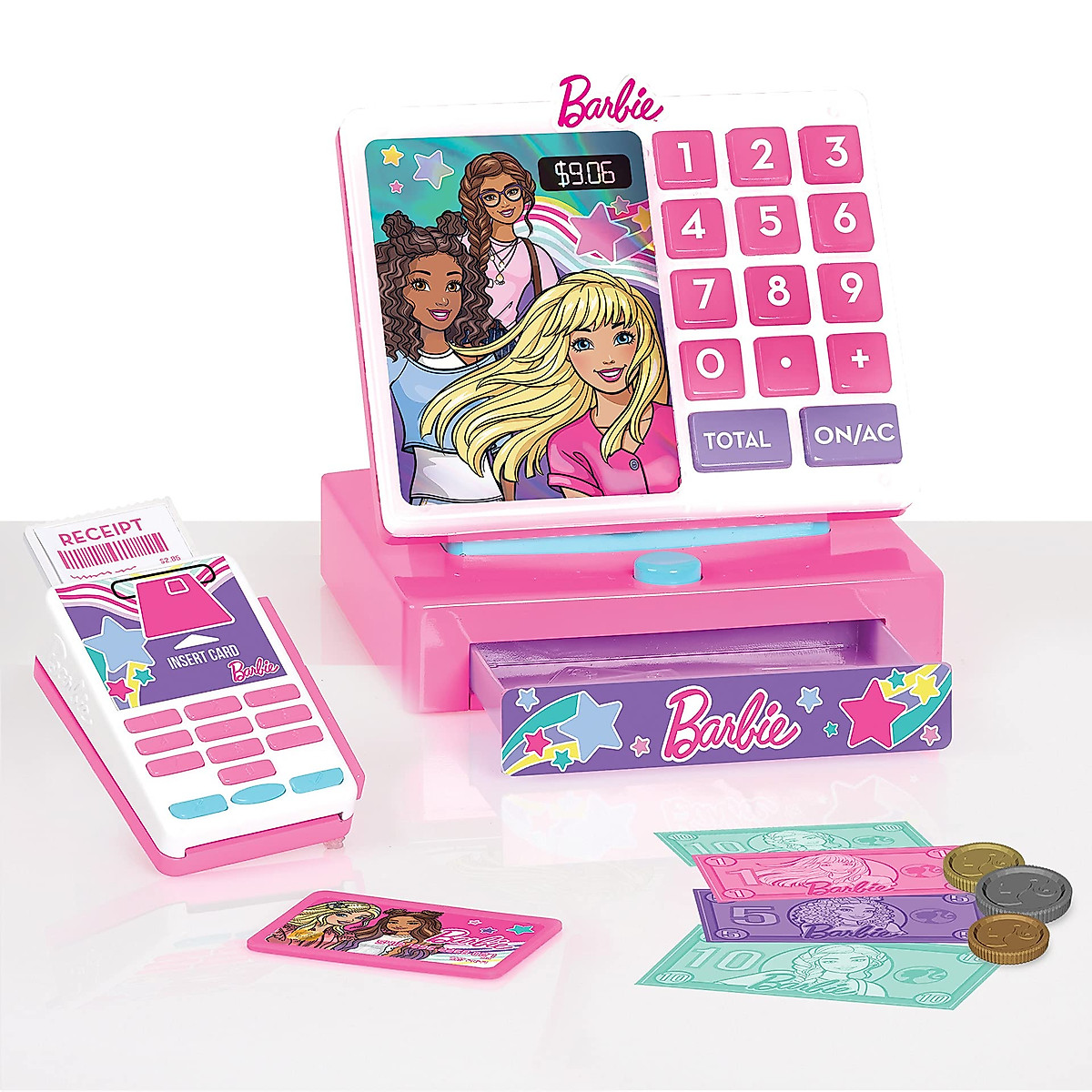 Barbie Trendy Cash Register with Sounds, Pretend Money, and Credit Card Reader, 9 Piece Playset, Kids Toys for Ages 3 Up by Just Play