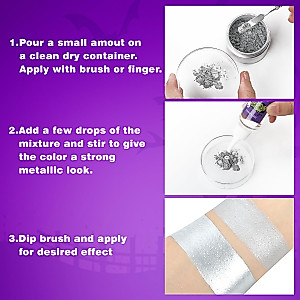 DE'LANCI Silver Face Paint Metallic Powder Kit, Metal Chrome Pigment Powder Foundation for Face & Body, Halloween SFX Makeup Shimmer Powder with Mixing Liquid and 2 Brushes for Stage Party 0.43 Oz