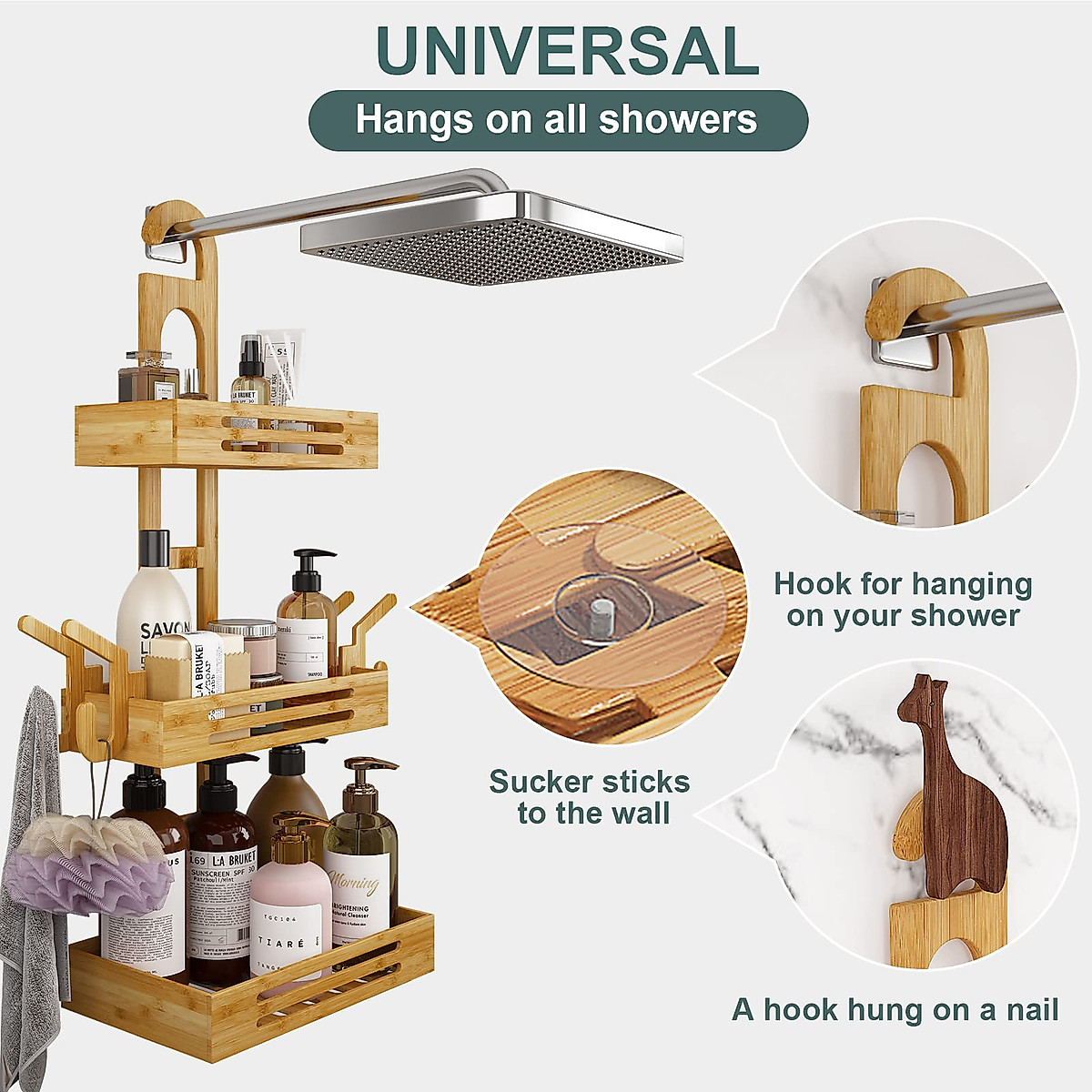 Nuvograin Bamboo Shower Caddy, Bathroom Caddy Hanging, 3 level Bathroom Shower Organizer, Caddy over Shower Head, Hanging Shower Caddy