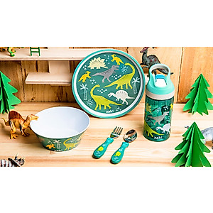 zak! Dinosaur - 5-Piece Dinnerware Set - Durable Plastic & Stainless Steel - Includes Water Bottle, 8-Inch Plate, 6-Inch Bowl, Fork & Spoon - Suitable for Kids Ages 3+