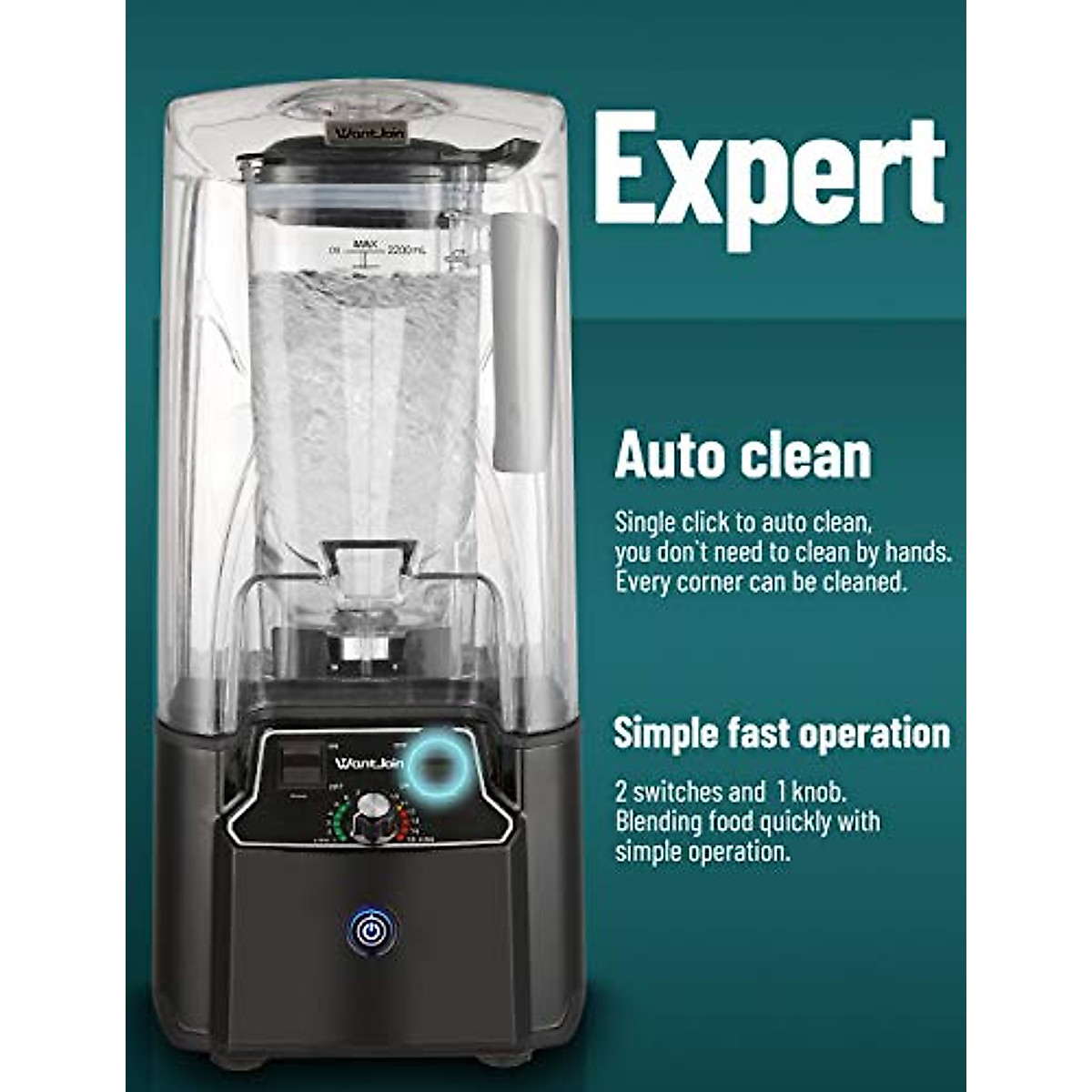 WantJoin Professional Commercial Blender With Shield Quiet Sound Enclosure 2200W Industries Strong and Quiet Professional-Grade Power, Self-Cleaning, Black