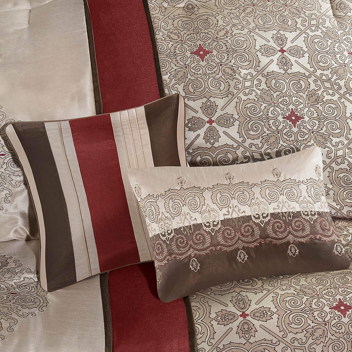 Madison Park Comforter Faux Silk-Traditional Luxurious Jacquard Design All Season Set, Matching Bed Skirt, Decorative Pillows, Cal King(104"x92"), Red 7 Piece