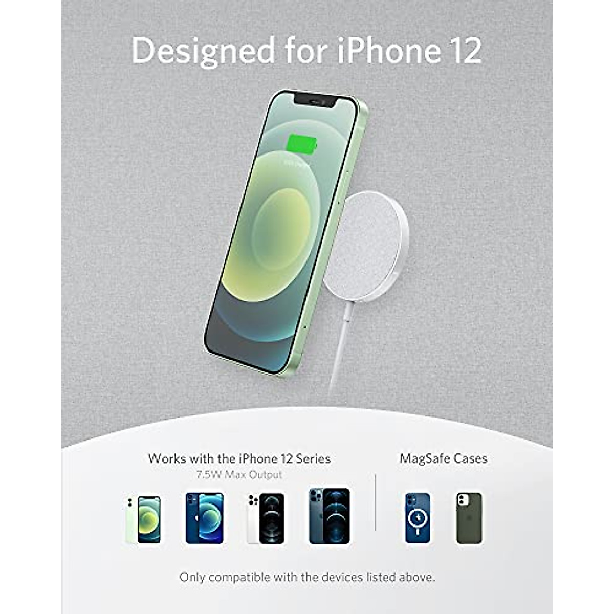 Anker Magnetic Wireless Charging Pad with Sleek Design, PowerWave Select+ Magnetic Pad, 5 ft Built-in Charging Cable, 7.5W Only Compatible with iPhone 12 (No AC Adapter)