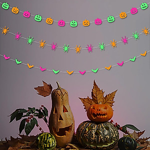 Halloween Party Decorations Neon Banner - 3pcs Glow in The Dark Paper Pumpkin Bats Spiders Hanging Swirls Streamers,Window Fireplace Room Ceiling Garland, Baby Shower Birthday Supplies Decor Panduola