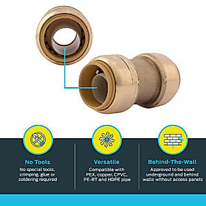 SharkBite 3/4 Inch Coupling, Push to Connect Brass Plumbing Fitting, PEX Pipe, Copper, CPVC, PE-RT, HDPE, U016LFA