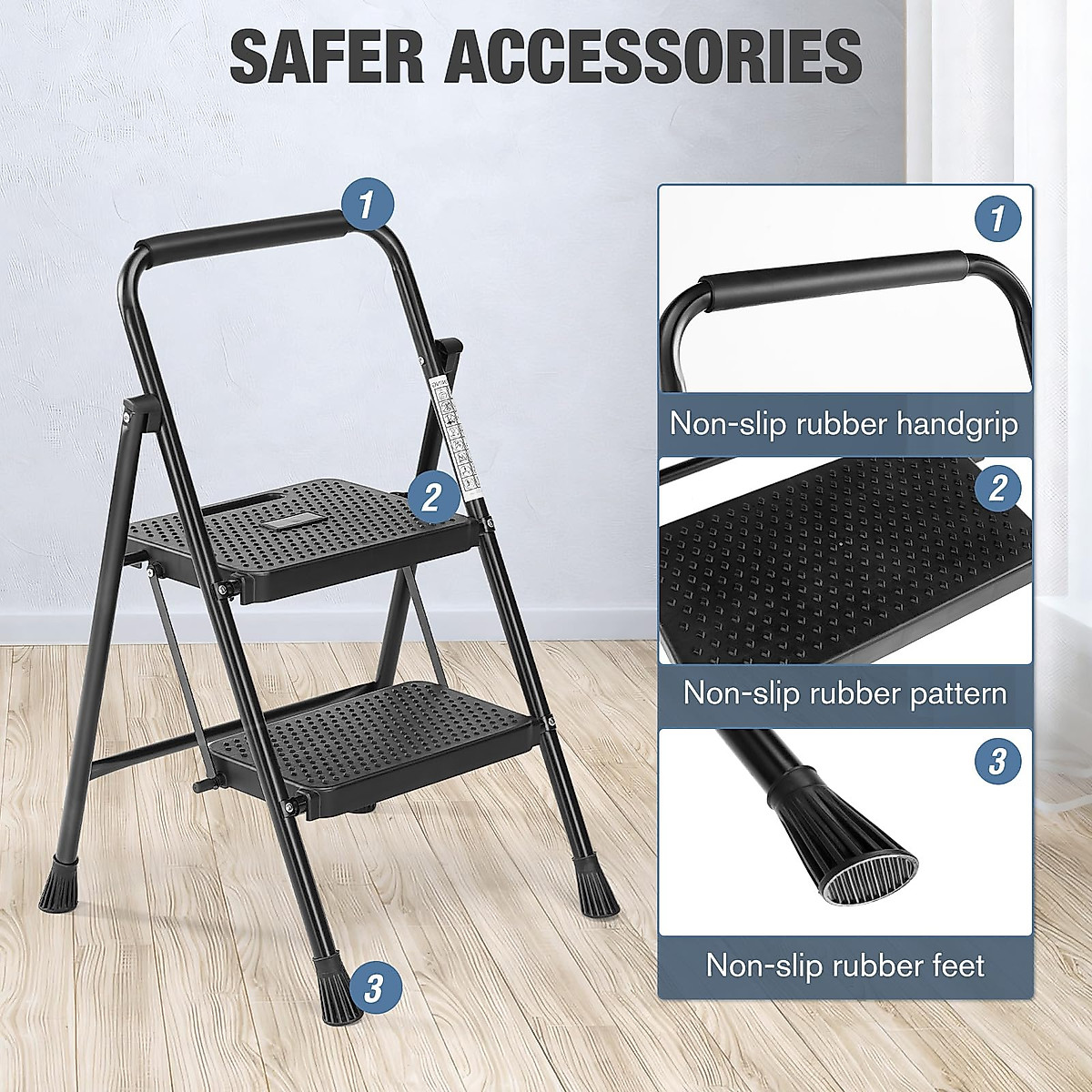 Non-Slip Step Ladder, Metal Foldable Step Stool with Wide Anti-Slip Pedal, Folding Step Stool for Home and Office (2 Step)