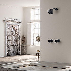 KAPHOME 2 Handle Shower Faucet,Wall Mounted Two Handles Shower Faucet Set with 3 Modes Rainfall Shower Head,2 Knobs Single Function Shower Trim Kit with Rough-in Valve,Matte Black,1A3MK