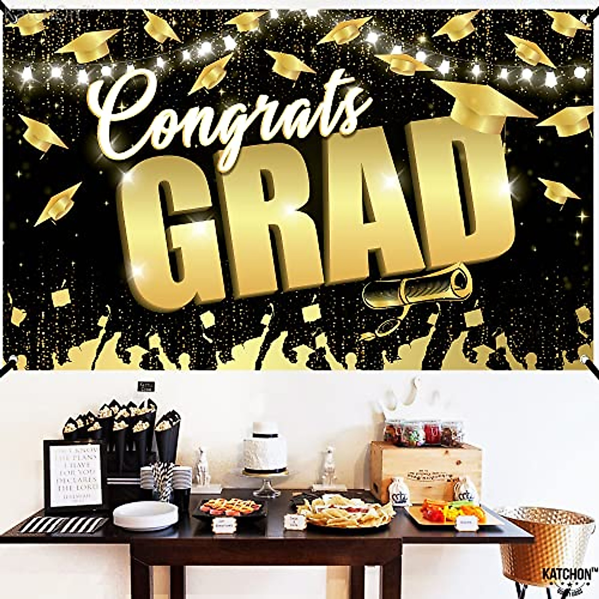 Big, Congrats Grad Backdrop - 72x44 Inch | Graduation Backdrop 2023 Black and Gold Graduation Party Decorations 2023 | Graduation Banner 2023, Graduation Decorations 2023 | Congrats Grad Banner 2023